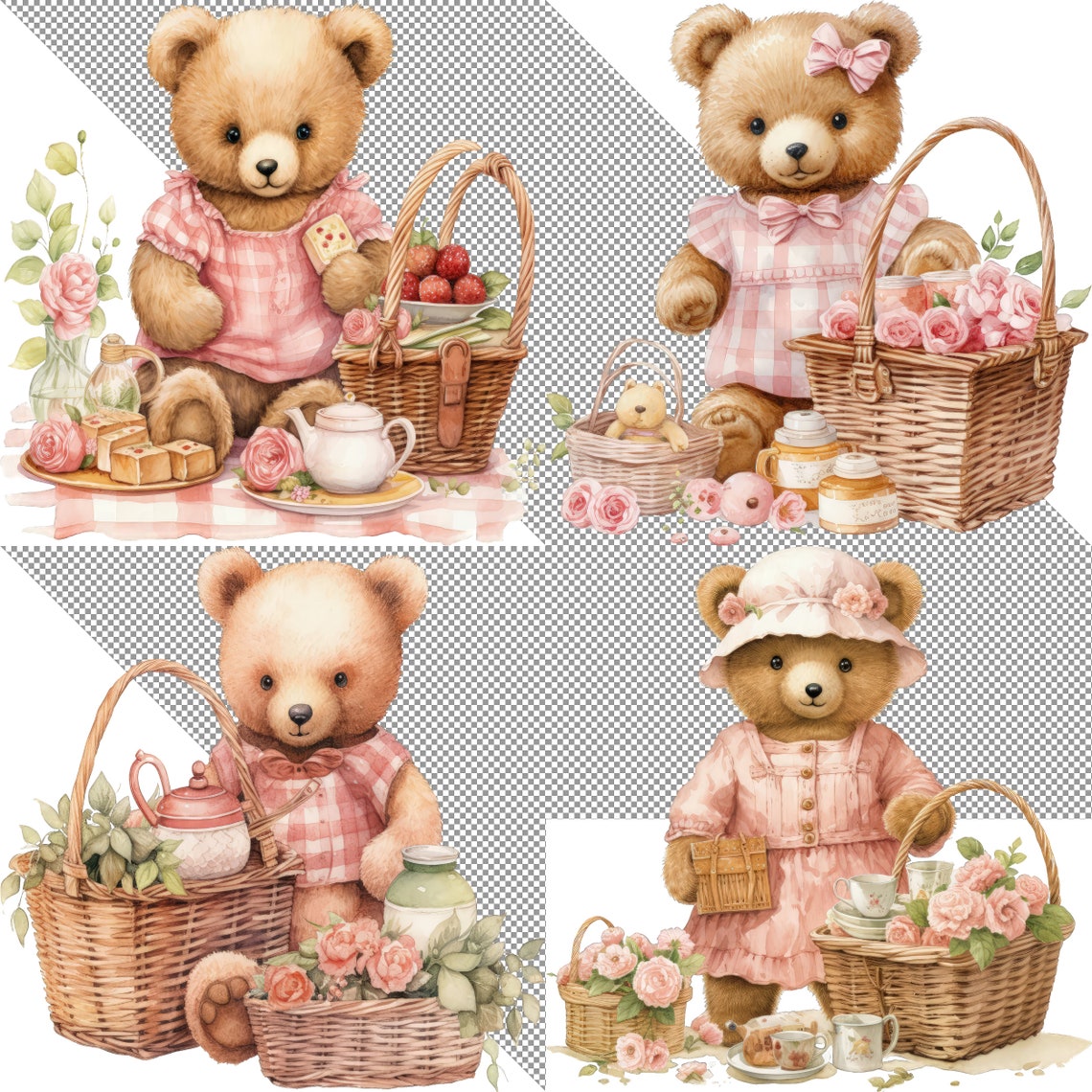 Pink Teddy Bear's Picnic Watercolor Clipart, Designs for 40 Oz Tumbler ...