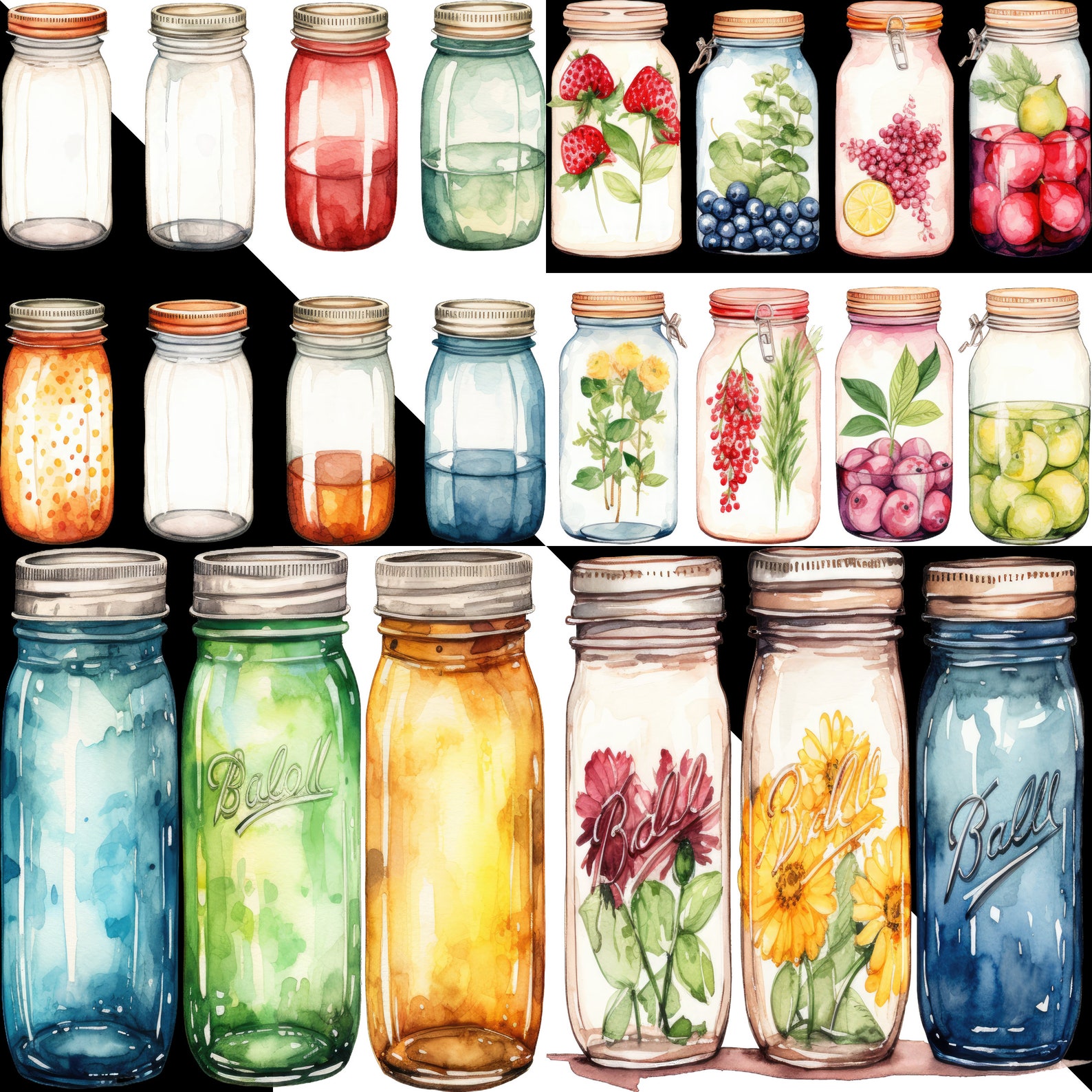 Vantage Mason Jars Watercolor PNG Clipart, Rustic Mason Jar PNG Clipart ...