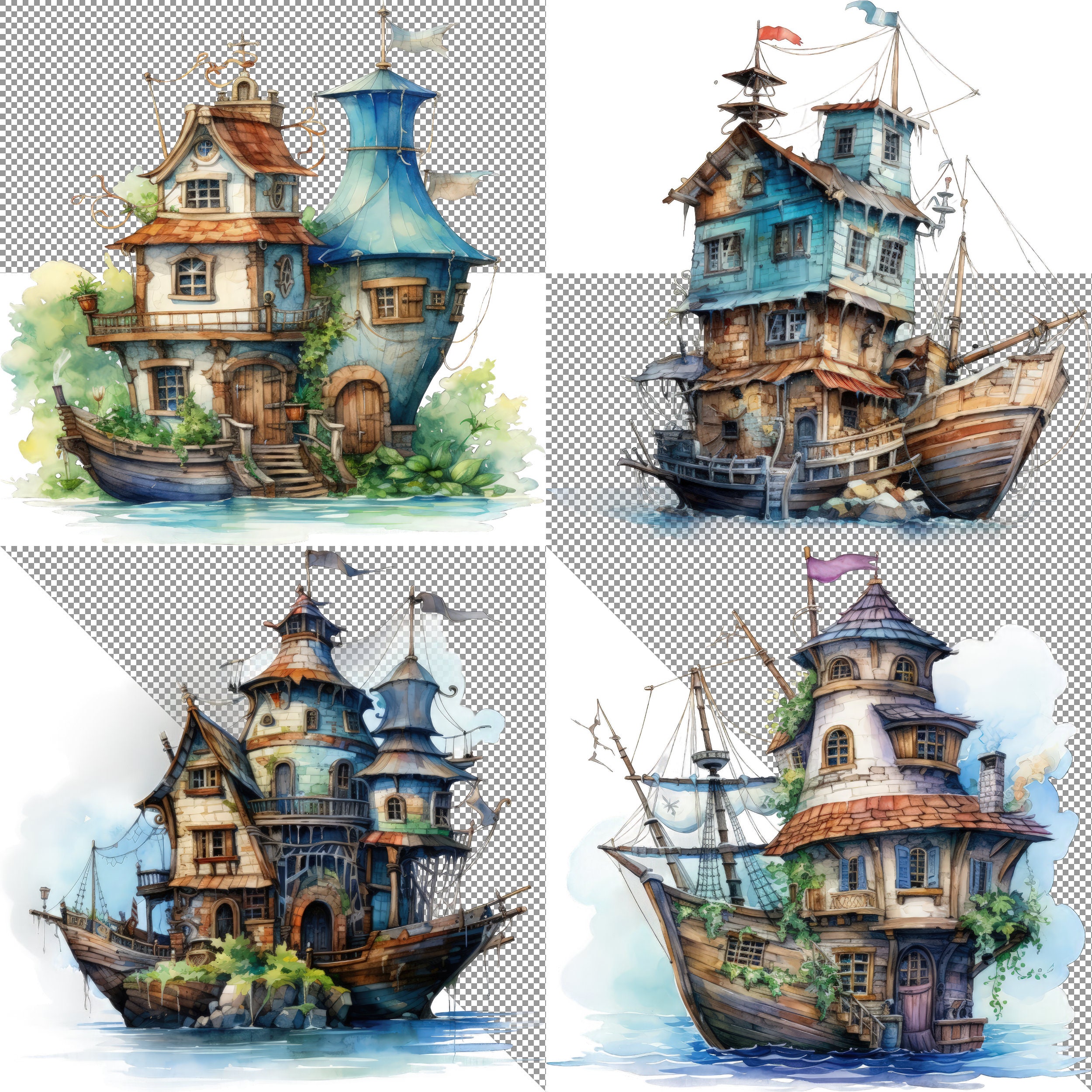 Pirate Ship Fairy House With Mermaid Figure Watercolor - Etsy