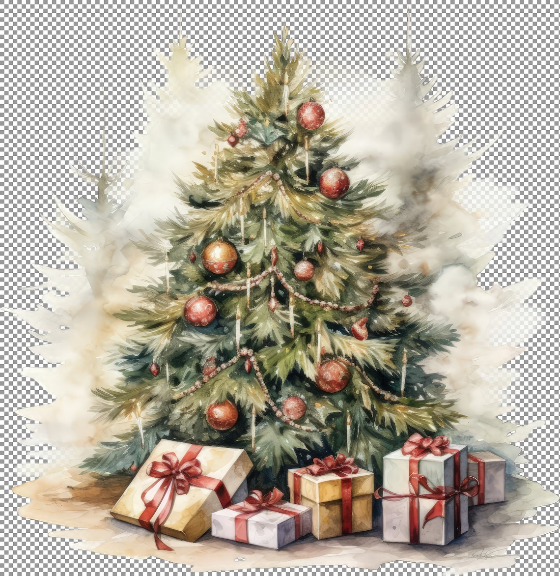 Decorated Christmas Tree Clipart, Watercolor Winter Clipart,decorated ...