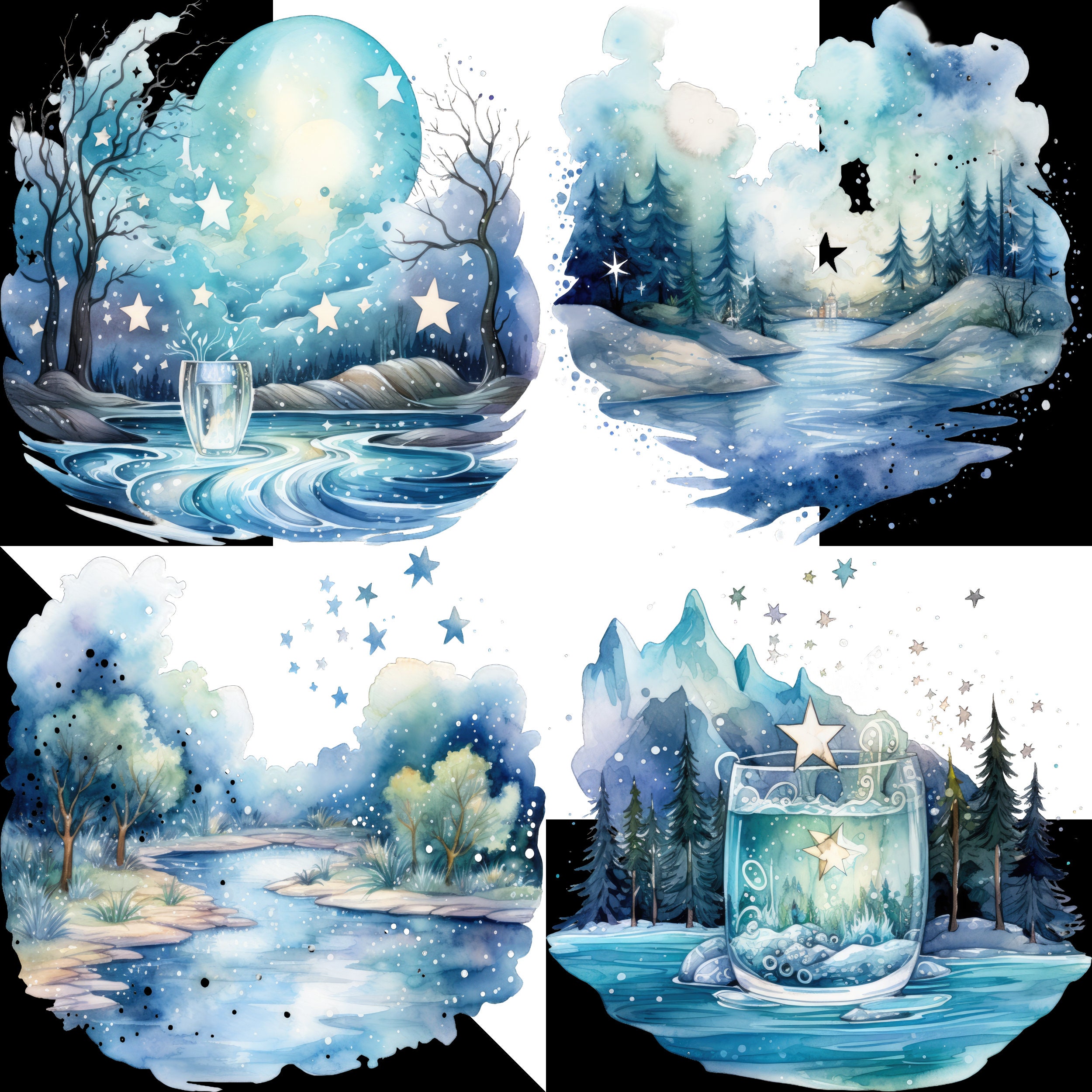 Starlit River Clipart, Starlit River Night, Celestial Waters Clipart,whimsical River Under the ...