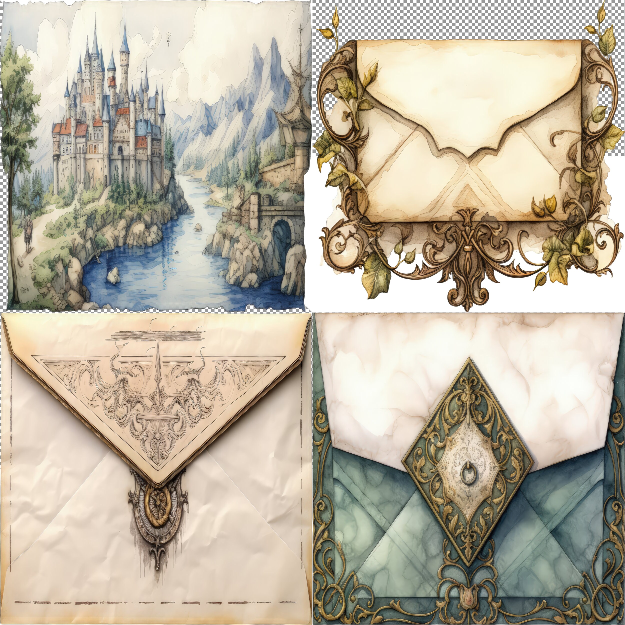 European Medieval Style Envelope Watercolor Clipart, Designs for Cups ...