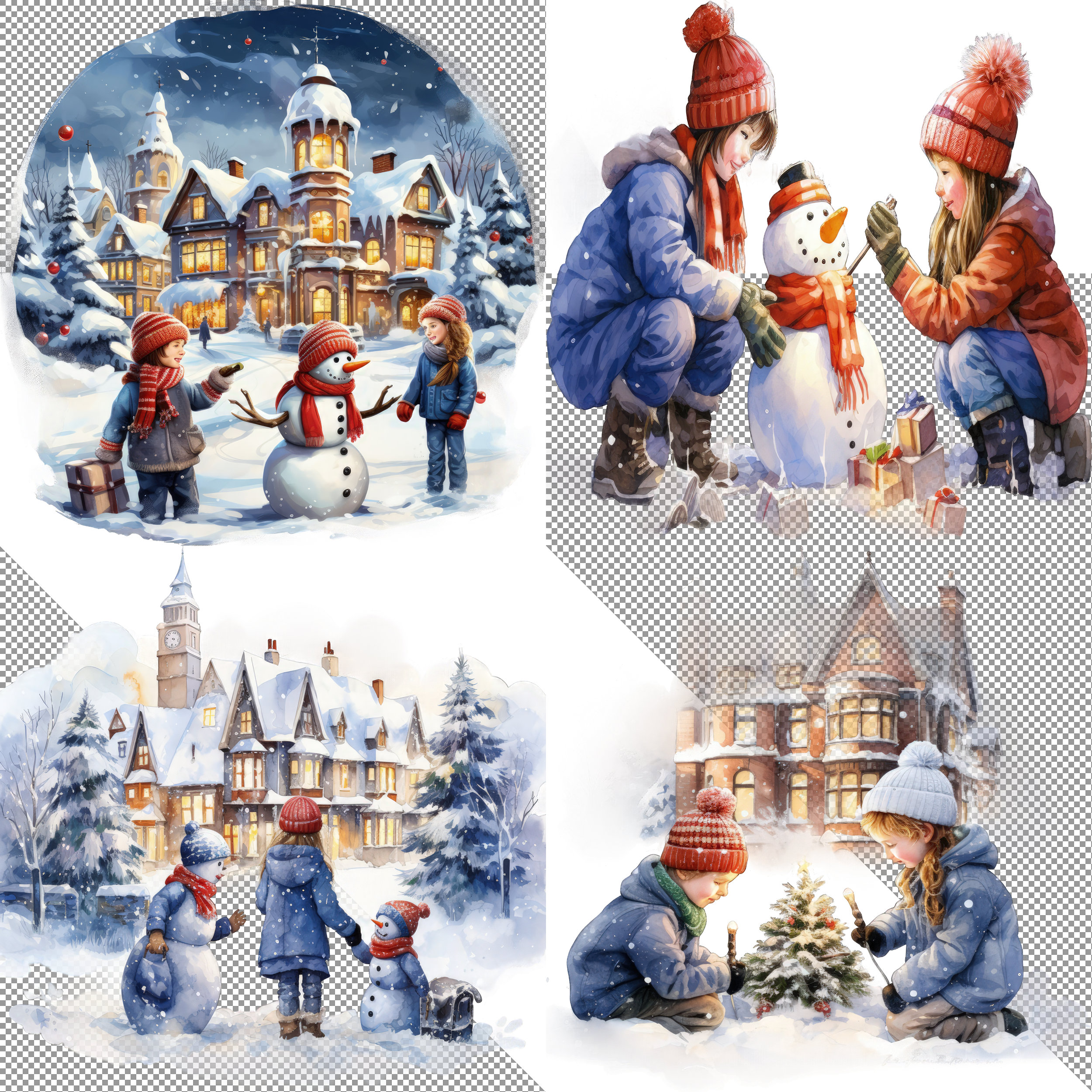 Kids' Winter Wonderland Clipart, Kids With Snowman Clipart: Winter Fun ...