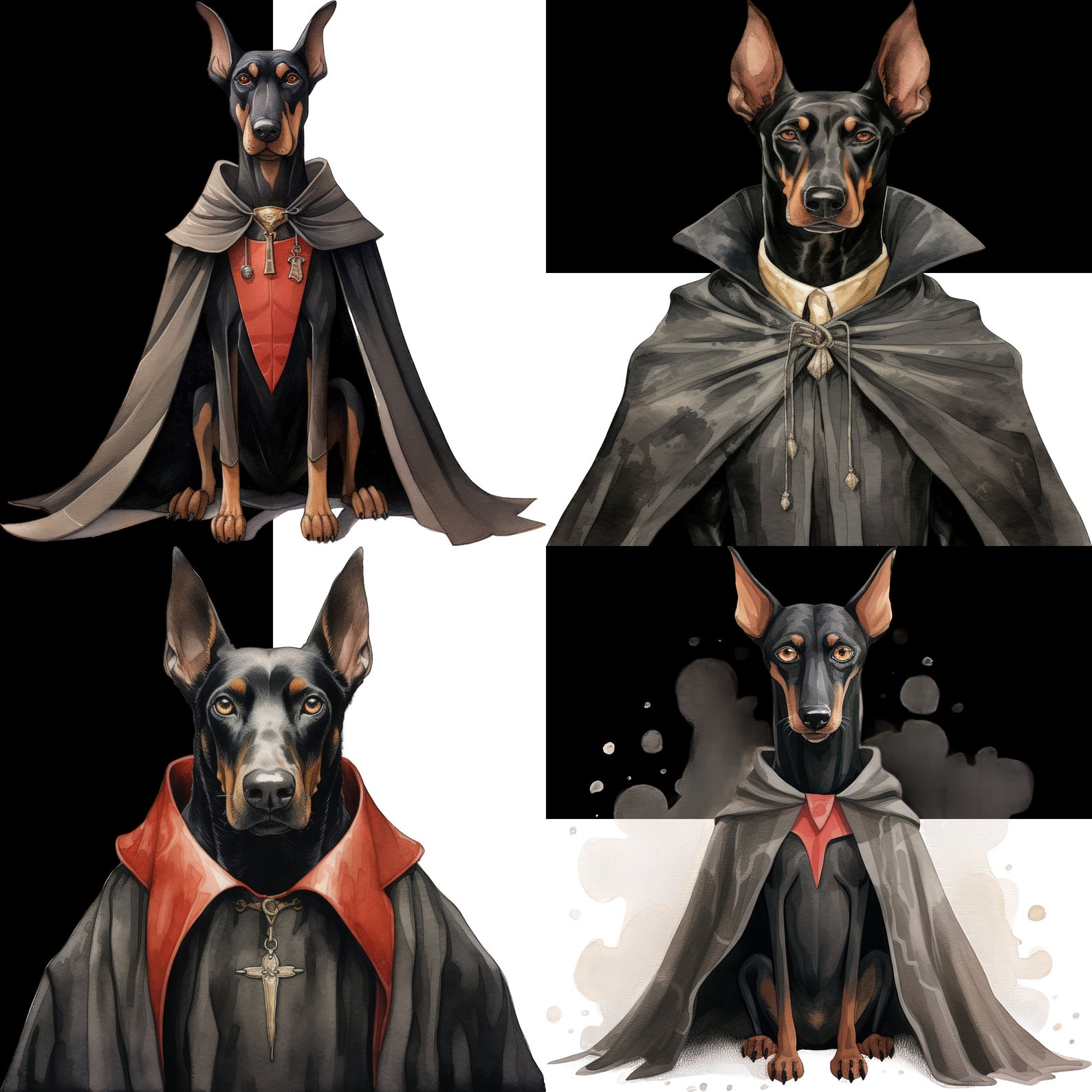 Spooky Doberman Clipart, Dracula Costume Clipart, Halloween Dog Clip Art, Spooky Doberman ...