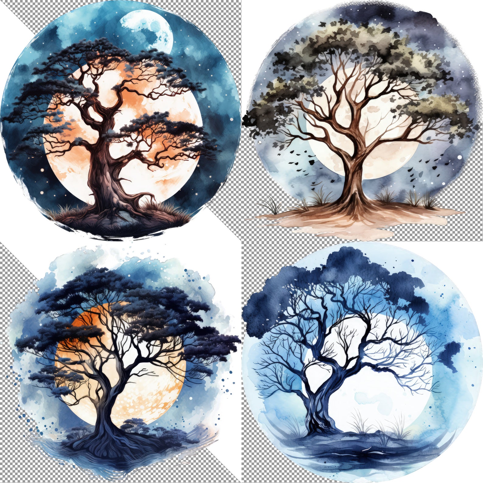 Moonlight Tree Clipart, Watercolor Mystical Moonlit, Moonlight in the ...