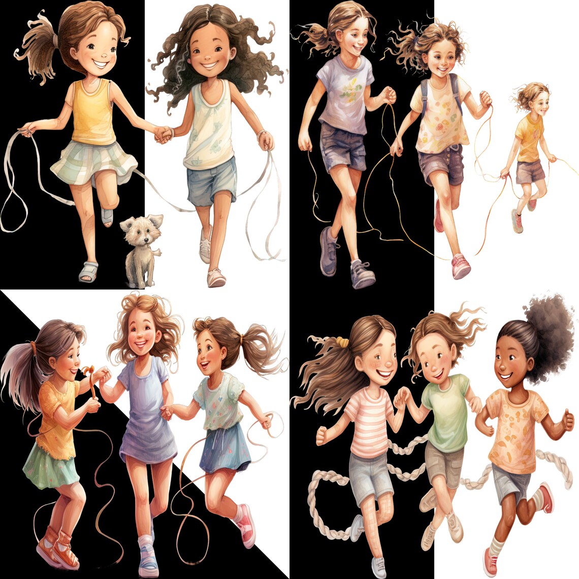 Joyful Girl Double Dutch Clipart, Children's Activity Graphics, Double ...