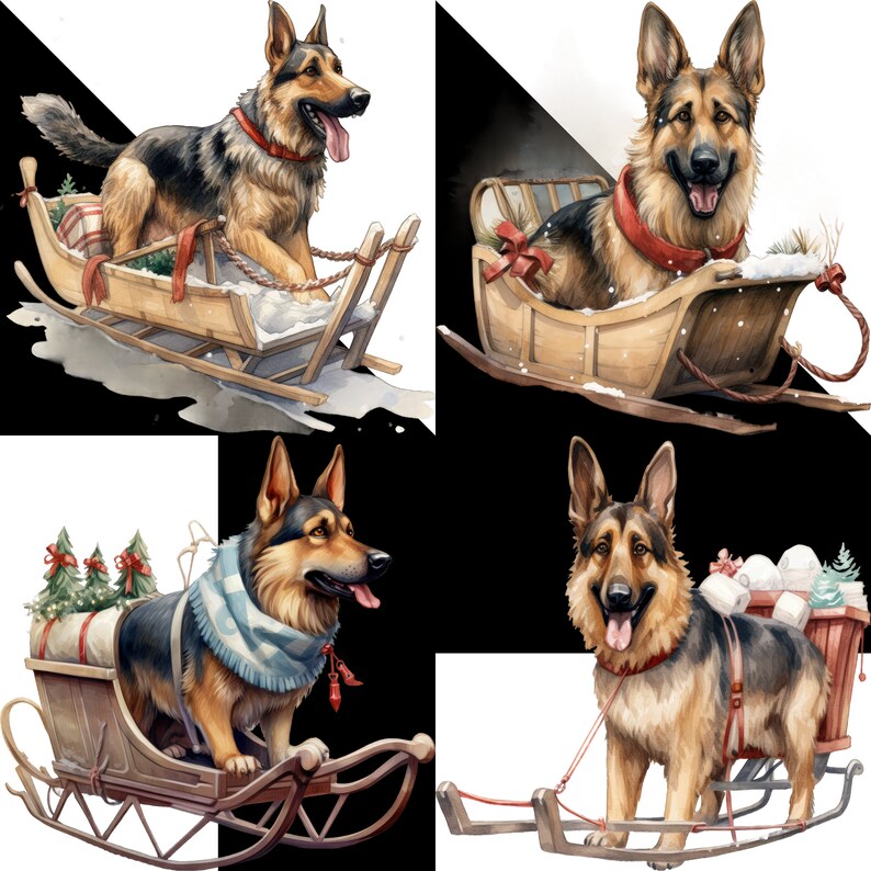 Festive German Shepherd Miniature Sleigh Clipart, German Shepherd in ...