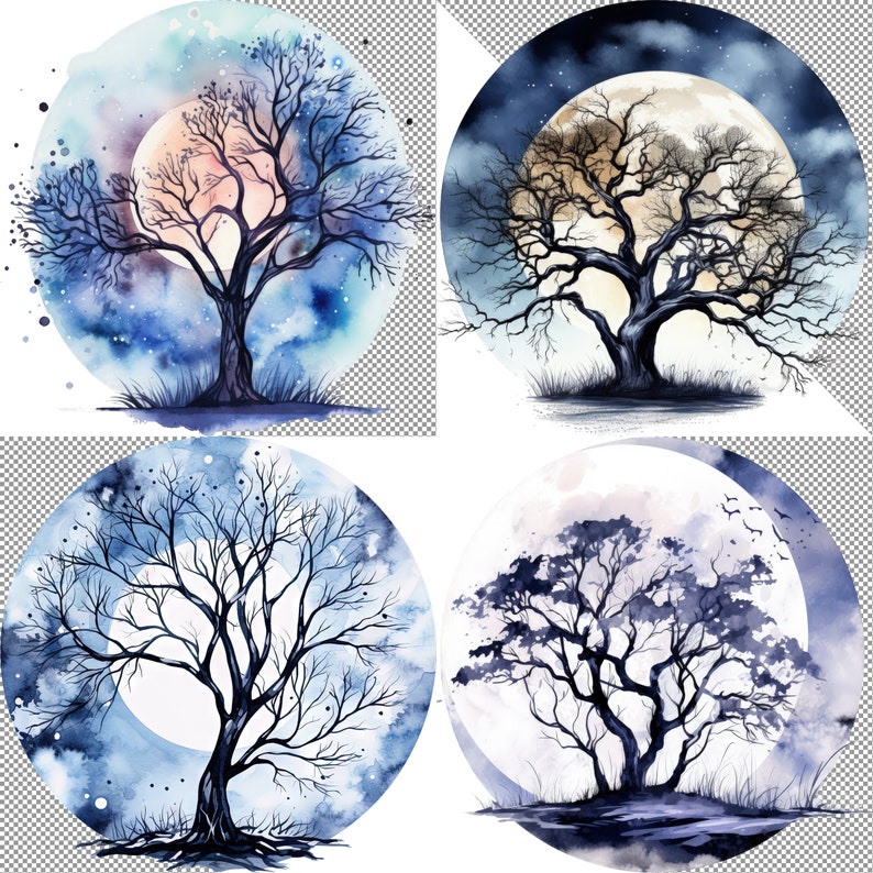 Moonlight Tree Clipart, Watercolor Mystical Moonlit, Moonlight in the ...