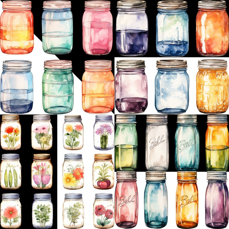 Vantage Mason Jars Watercolor PNG Clipart, Rustic Mason Jar PNG Clipart ...