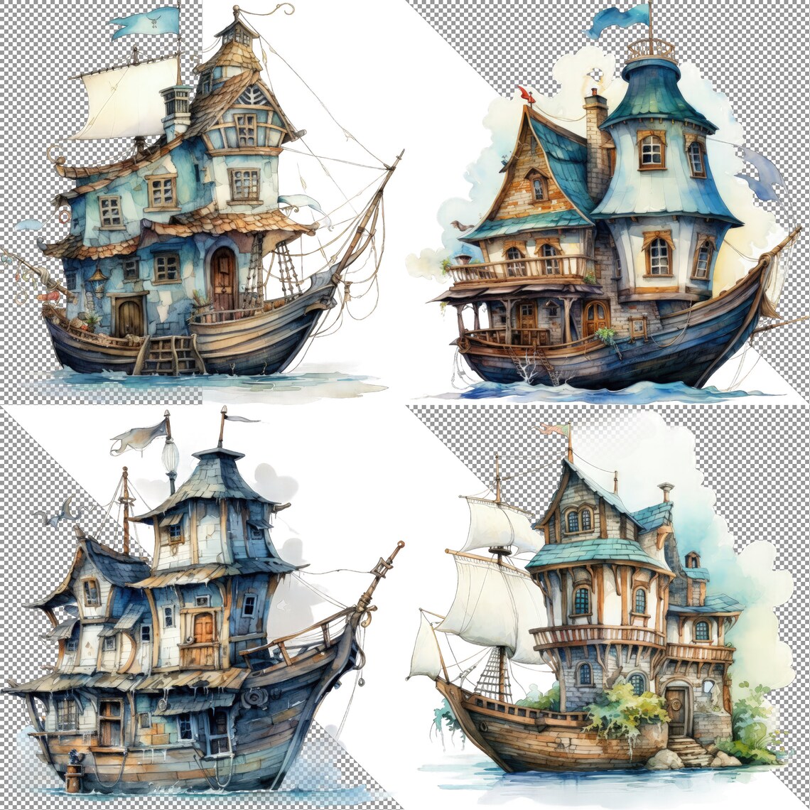 Pirate Ship Fairy House With Mermaid Figure Watercolor - Etsy