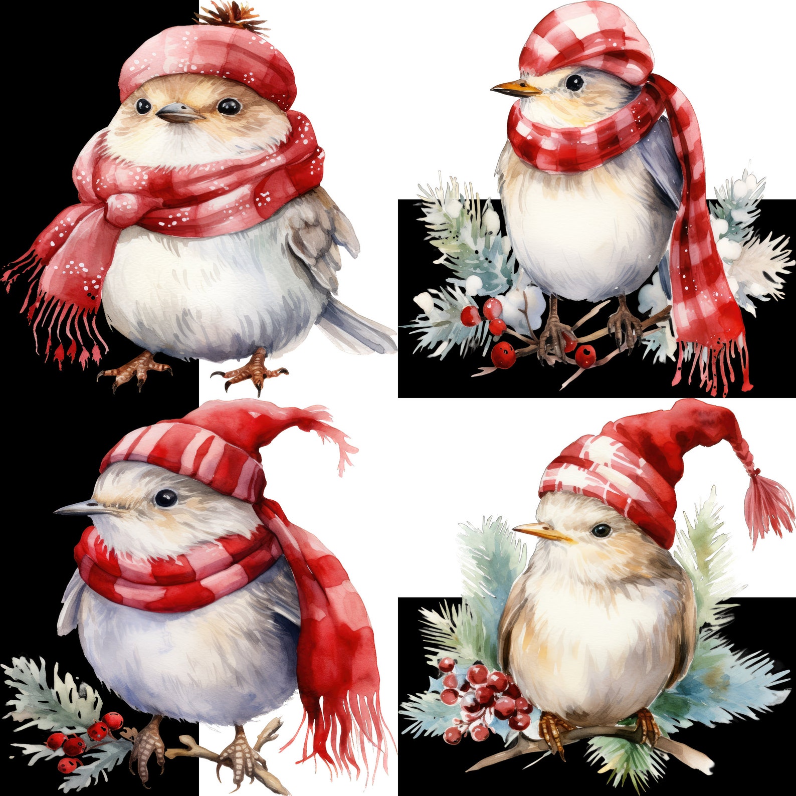 White Wren With Santa Cap and Scarf Watercolor PNG Clipart,watercolor ...