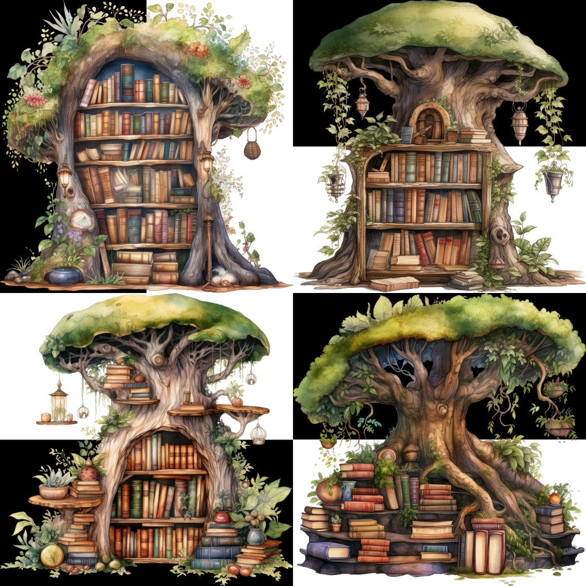 Enchanted Tree Bookshelf, Design for Case, Digital Sticker for Books ...
