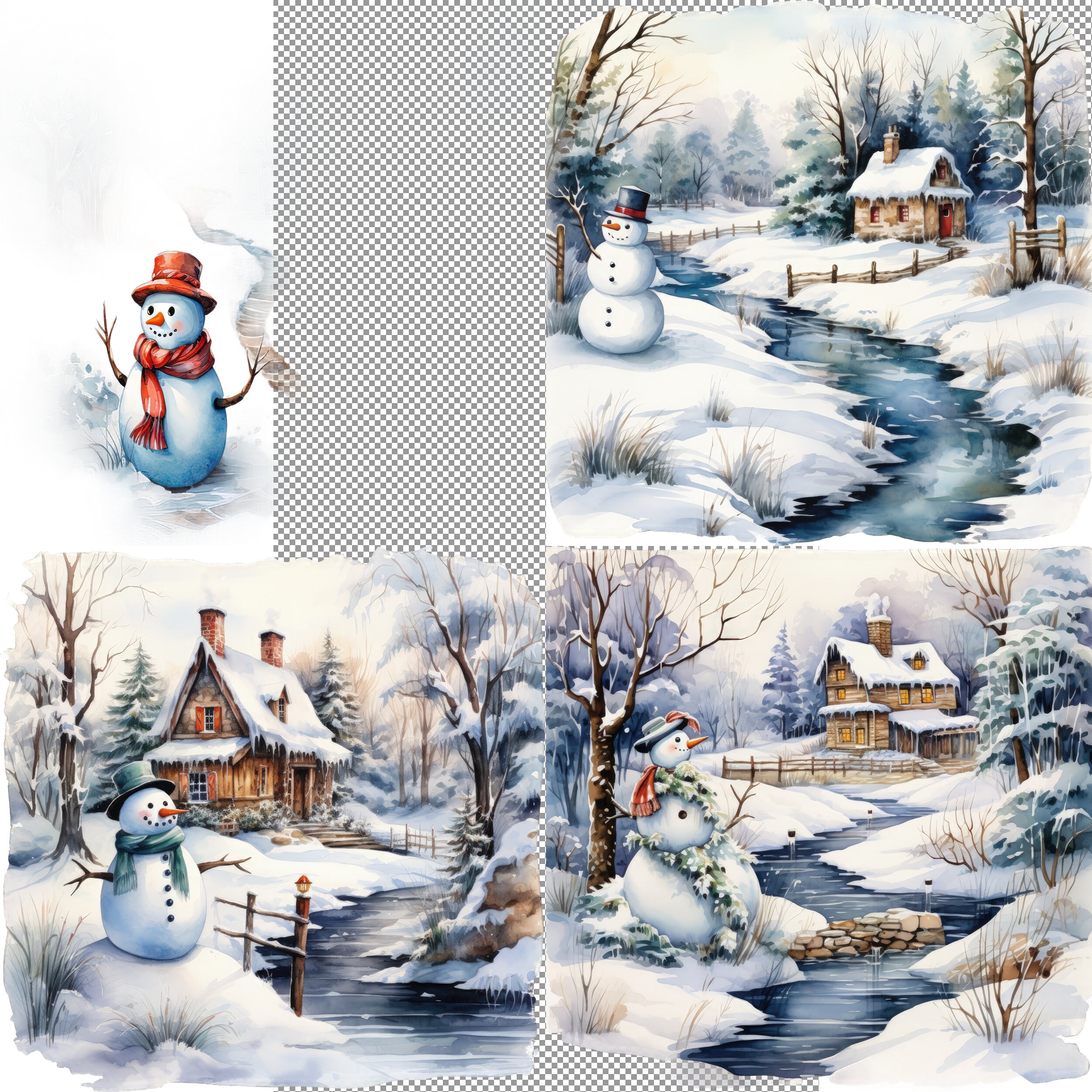 Snowman's Wooden House by a Frozen Pond Clipart, Snowy Village Clipart ...