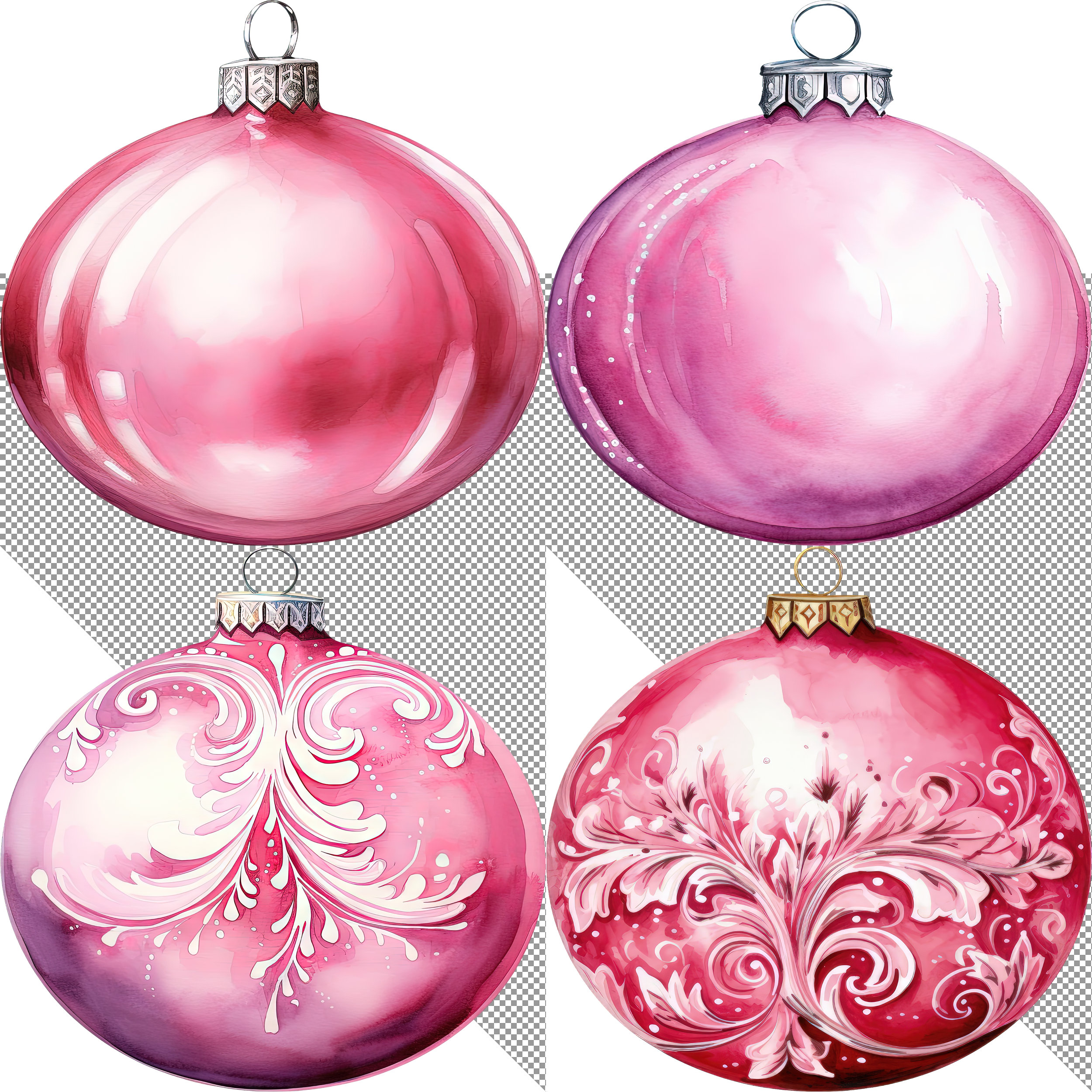 Pink Christmas Ornament Watercolor Clipart, Picture for Plate, Art for ...