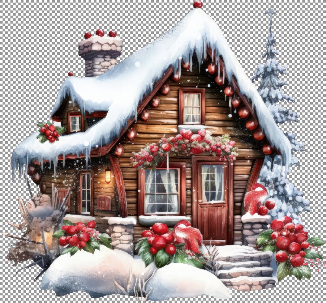 Winter Cottage Christmas Decoration Clipart, Picture for Grandpa, Print ...