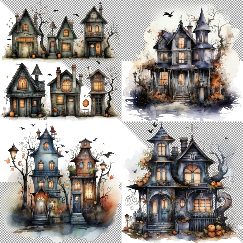 Haunted Houses Halloween Clipart, Art for A Halloween, Print for Decor ...