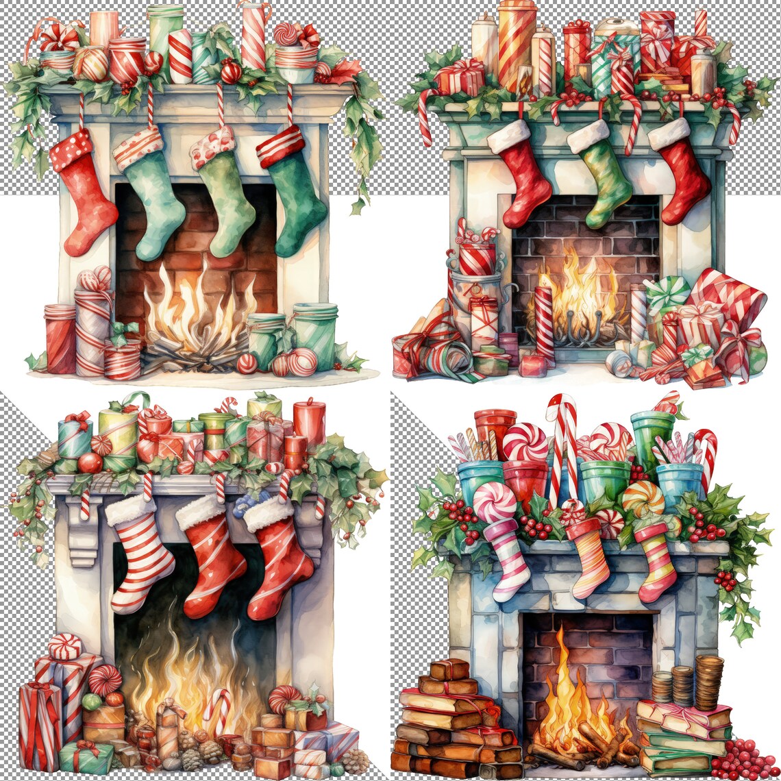 Stockings by the Festive Fireplace Clipart, Christmas Fireplace With ...