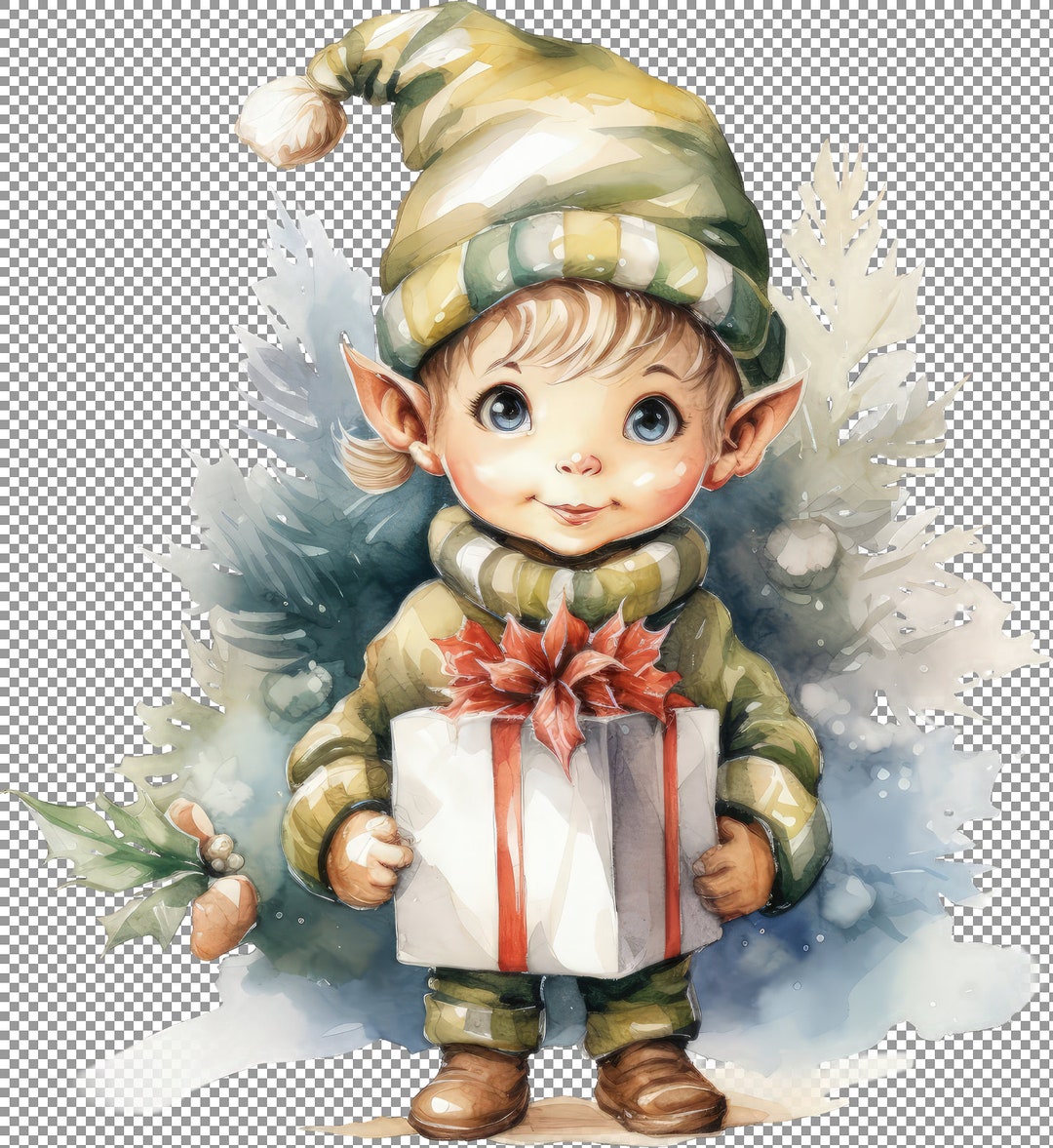 Elf's Special Clipart, Cozy Christmas Elve With Present, Design for ...