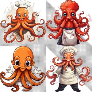 Octopus in Quirky Chef Aprons Clipart, Cooking Cephalopod Illustrations ...