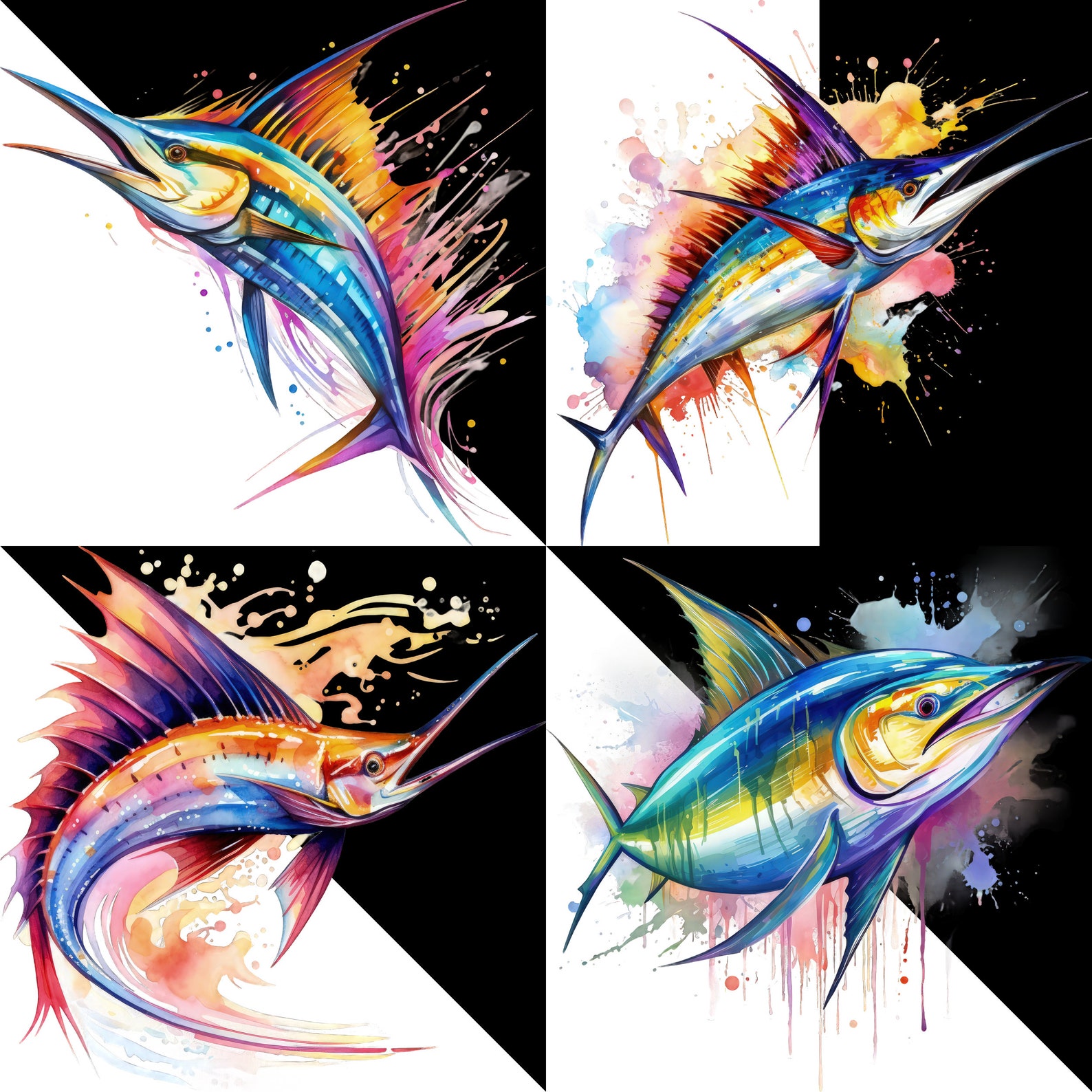 Marlin Clipart, Majestic Marlin Ocean Art Print,marlin Illustration Set ...
