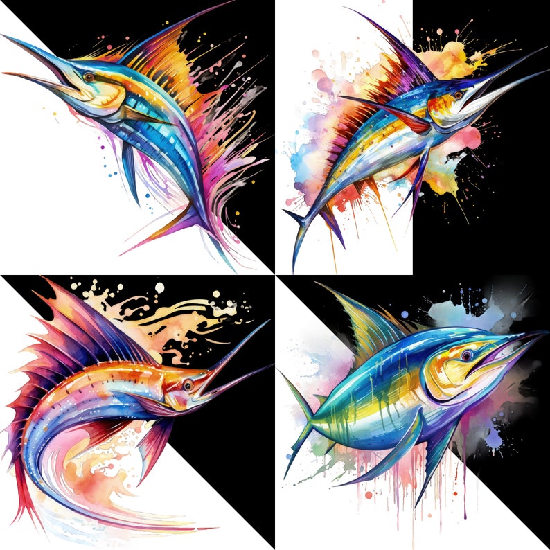 Marlin Clipart, Majestic Marlin Ocean Art Print,marlin Illustration Set ...