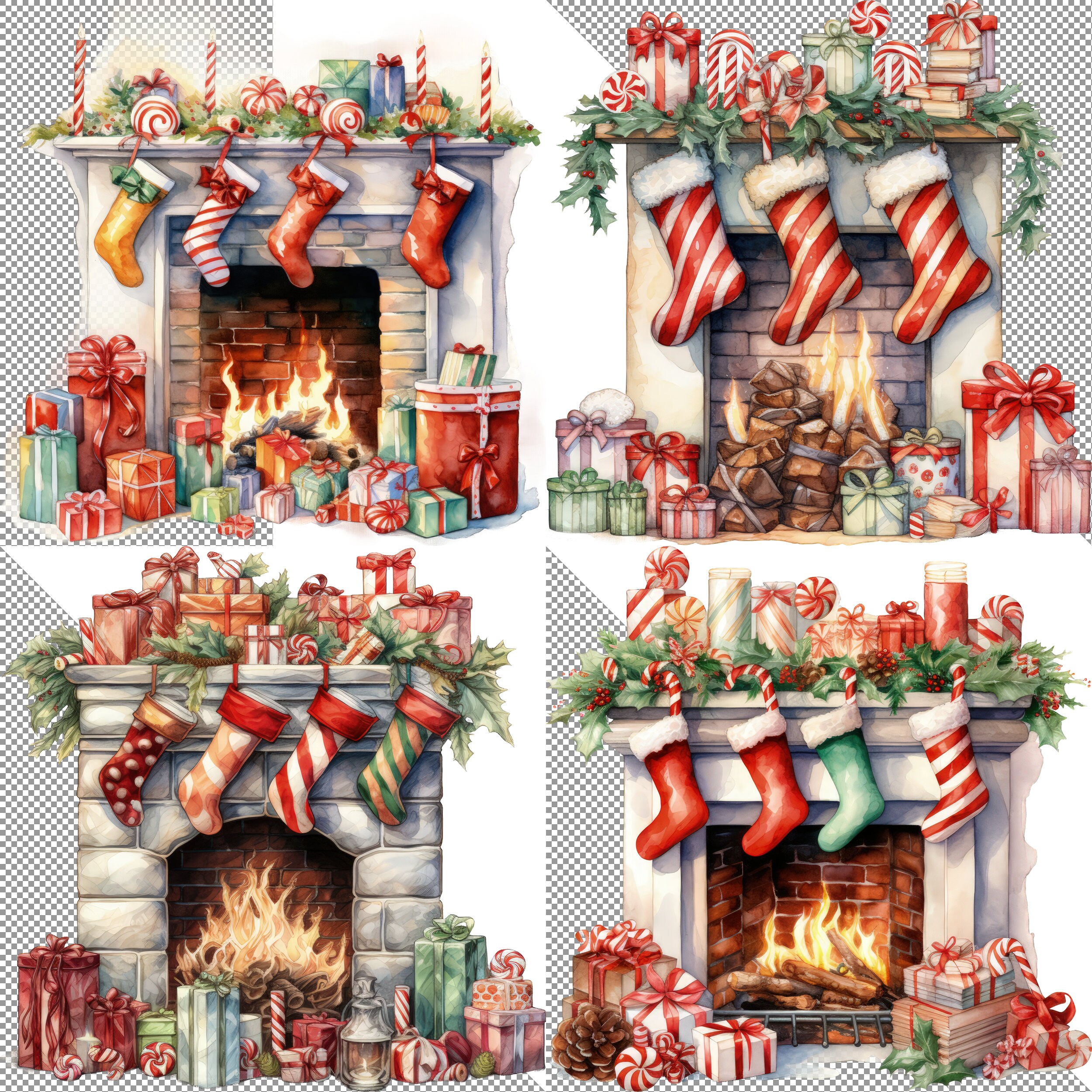 Stockings by the Festive Fireplace Clipart, Christmas Fireplace With ...