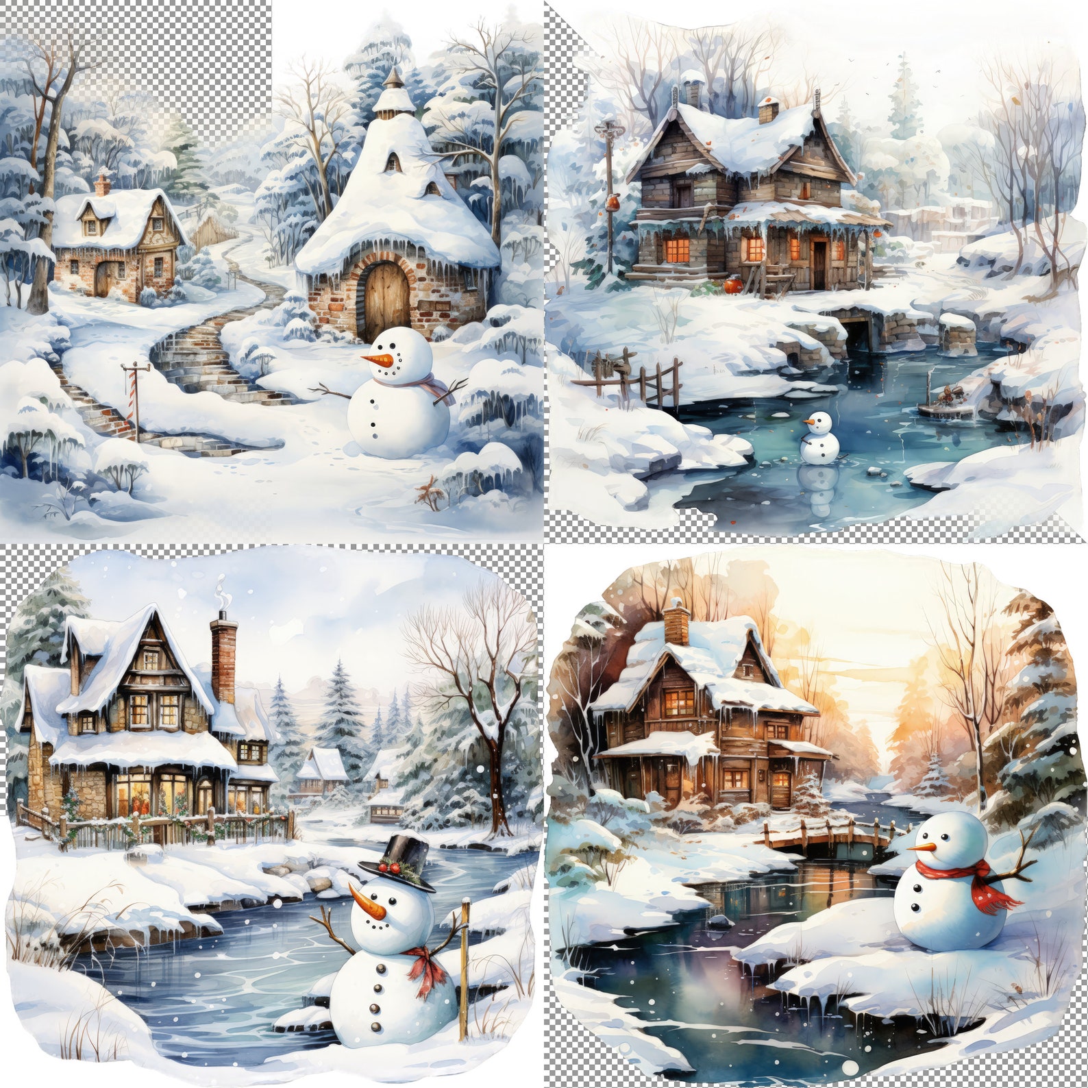 Snowman's Wooden House by a Frozen Pond Clipart, Snowy Village Clipart ...