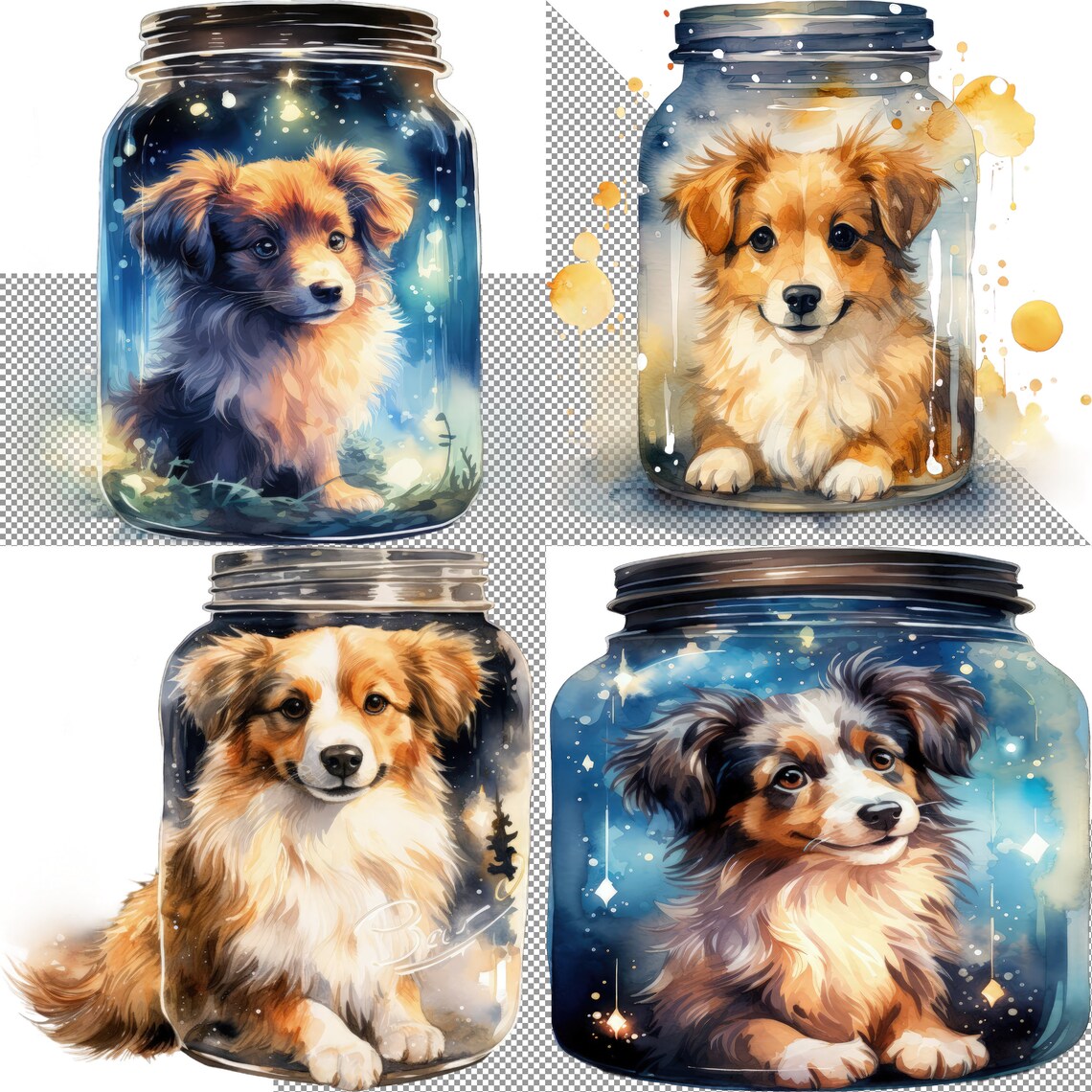 Firefly Jar and Magical Dog Clipart, Art for Collage, Digital Sticker ...