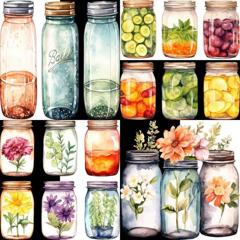 Vantage Mason Jars Watercolor PNG Clipart, Rustic Mason Jar PNG Clipart ...