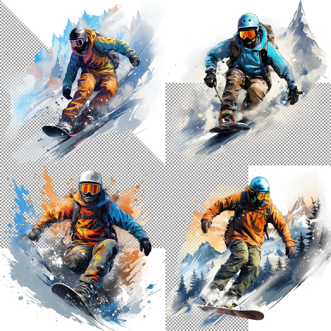 Snowboarder's Descent Clipart, Watercolor Winter Sports Clipart ...