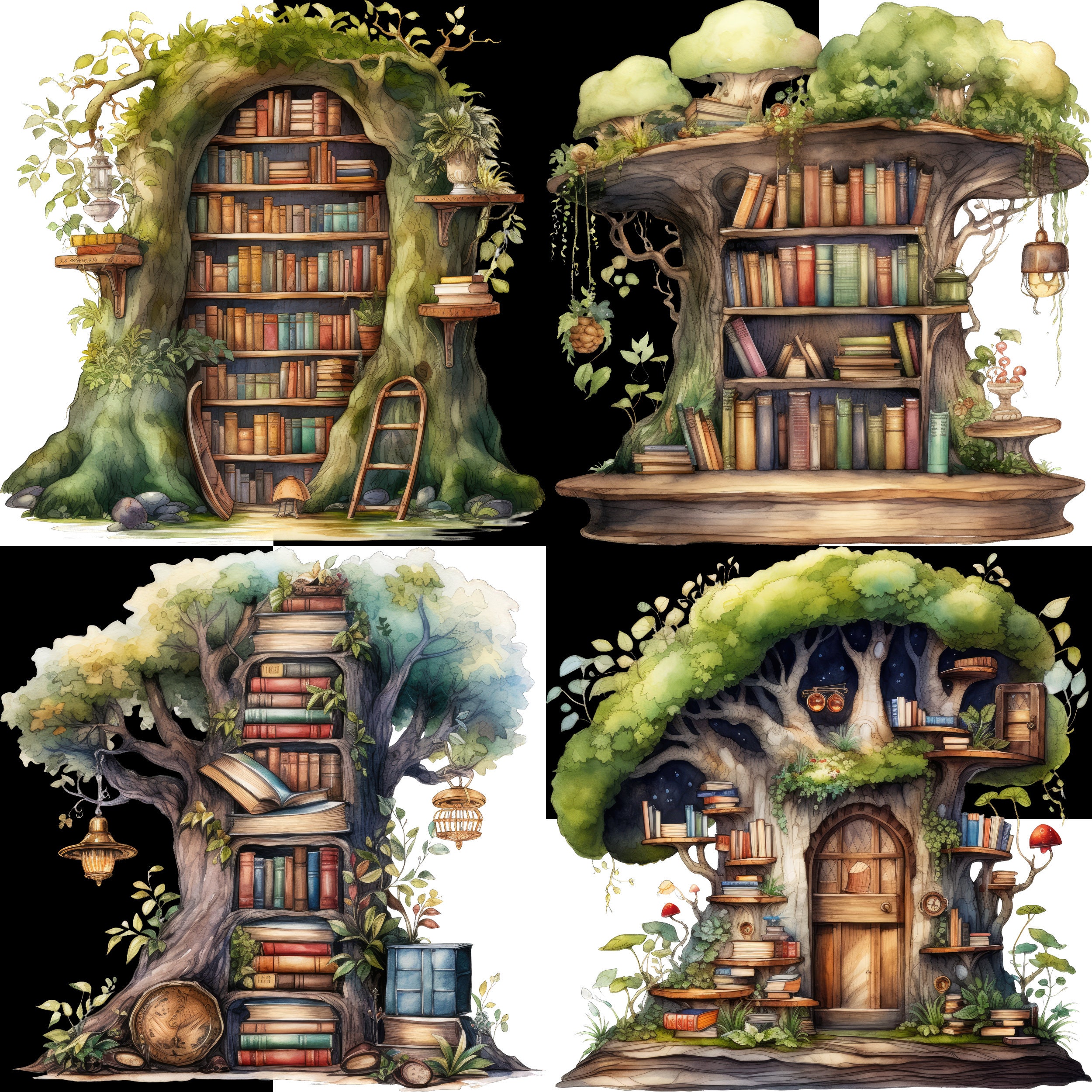 Enchanted Tree Bookshelf, Design for Case, Digital Sticker for Books ...