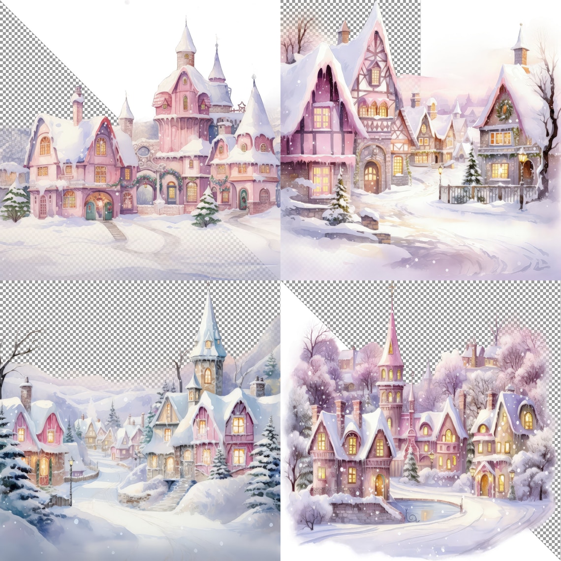 Snow-covered Village Clipart, Christmas Watercolor Illustration, Poster ...