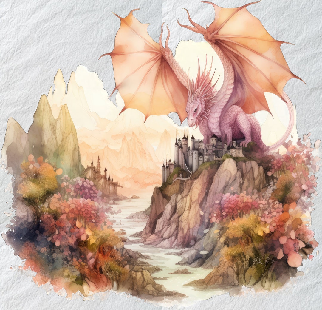 Valley Dragons Clipart, Mystical Valley Dragons, Fantasy Landscape ...
