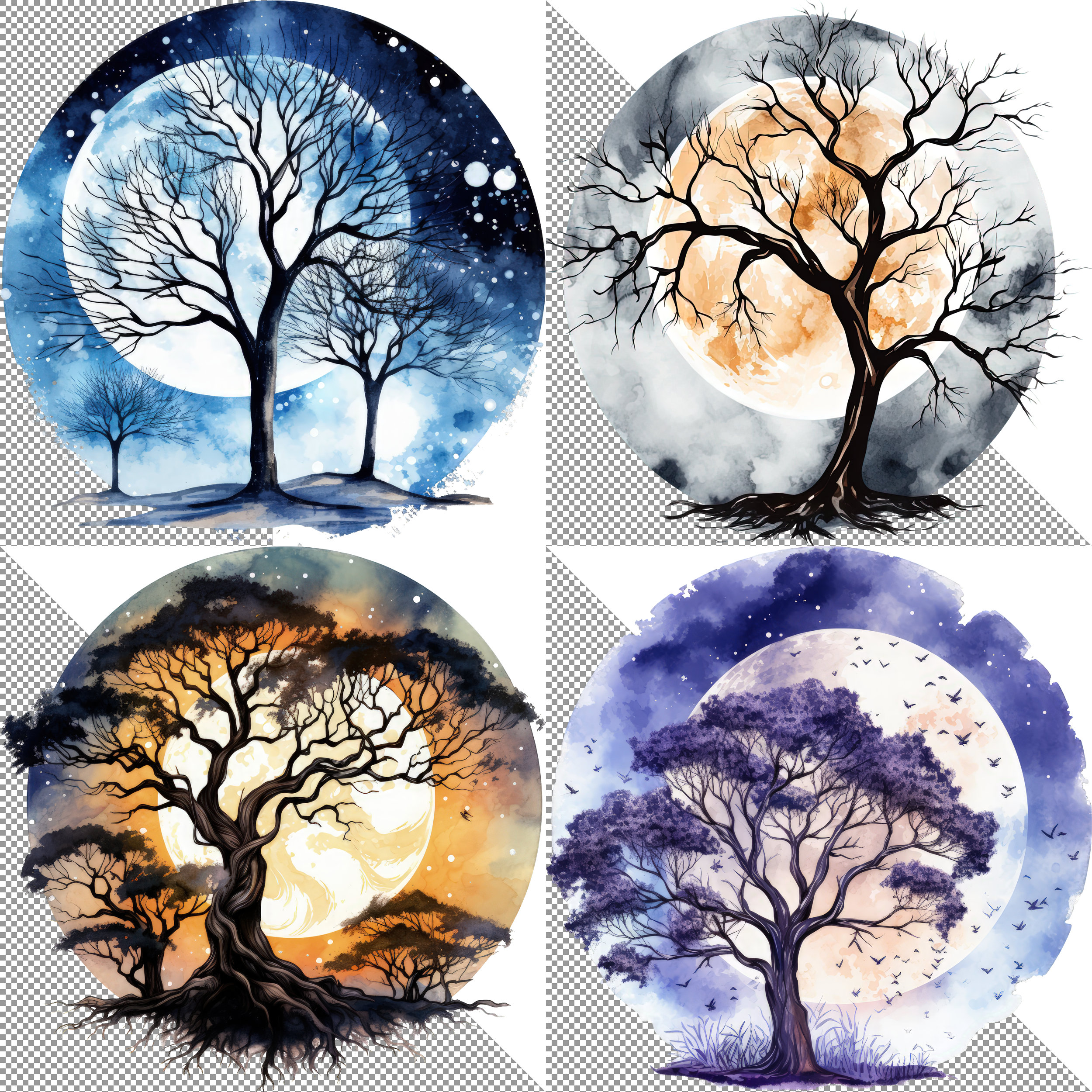 Moonlight Tree Clipart, Watercolor Mystical Moonlit, Moonlight in the ...