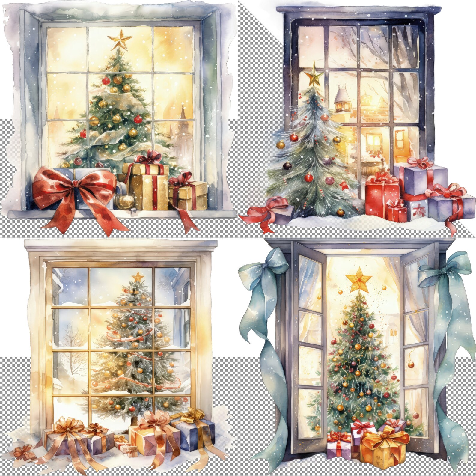 Christmas Tree Clipart, Majestic View Through a Window Watercolor ...