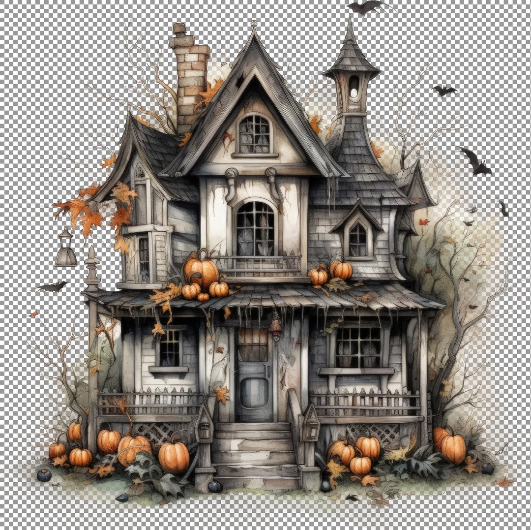 Haunted Houses Halloween Clipart, Art for A Halloween, Print for Decor ...