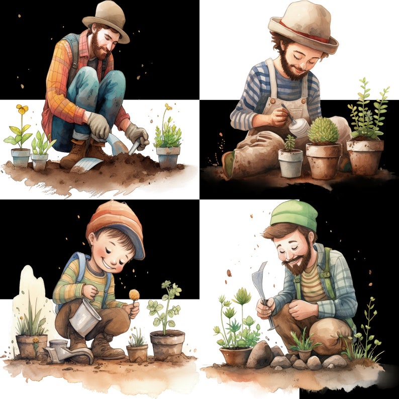 Cheerful Gardener Clipart, Planting Seeds Clipart, Garden-themed Clip ...