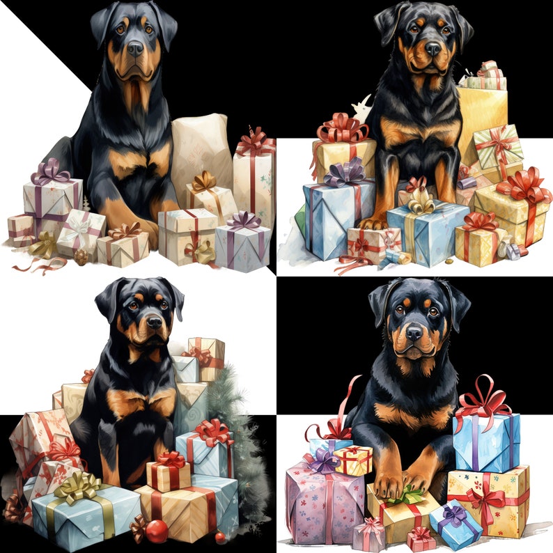 Festive Rottweiler Guarding Presents Clipart, Rottweiler in Christmas ...