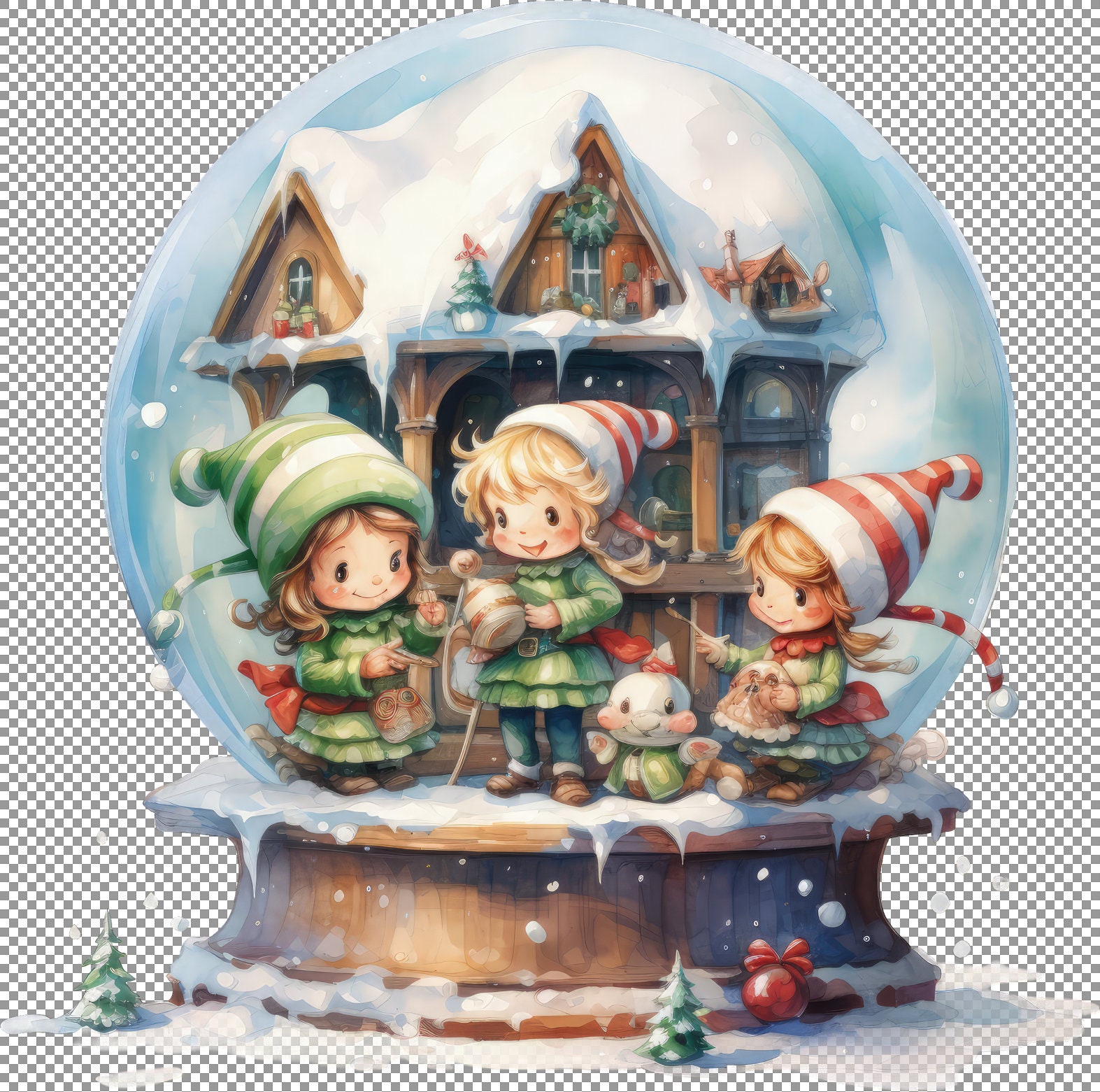 Elves Clipart, Workshop Clipart, Snow Globe of Elves at Work, Art for ...