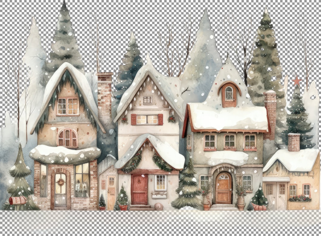 Christmas Village Clipart, Christmas Storefronts Watercolor Clipart ...