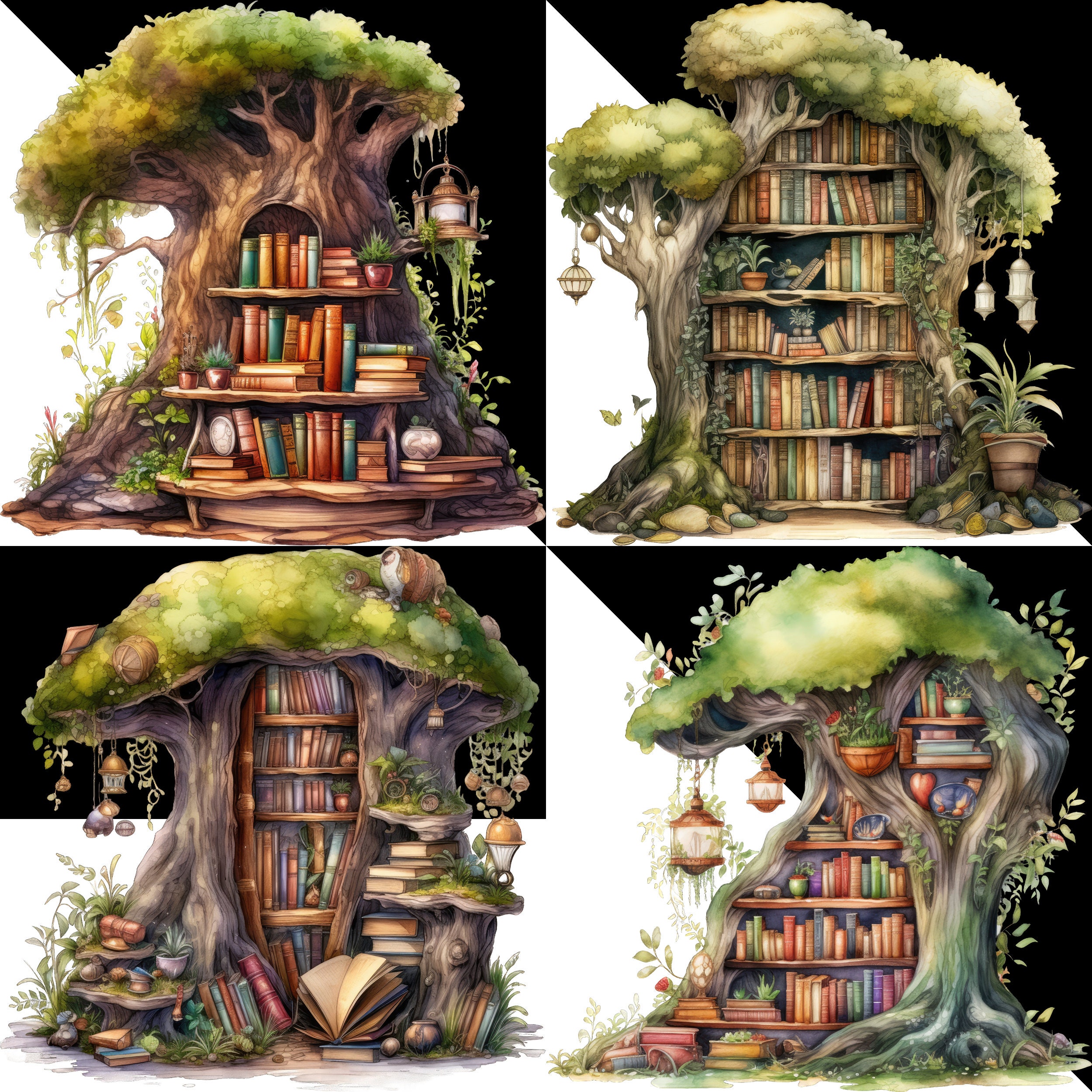 Enchanted Tree Bookshelf, Design for Case, Digital Sticker for Books ...