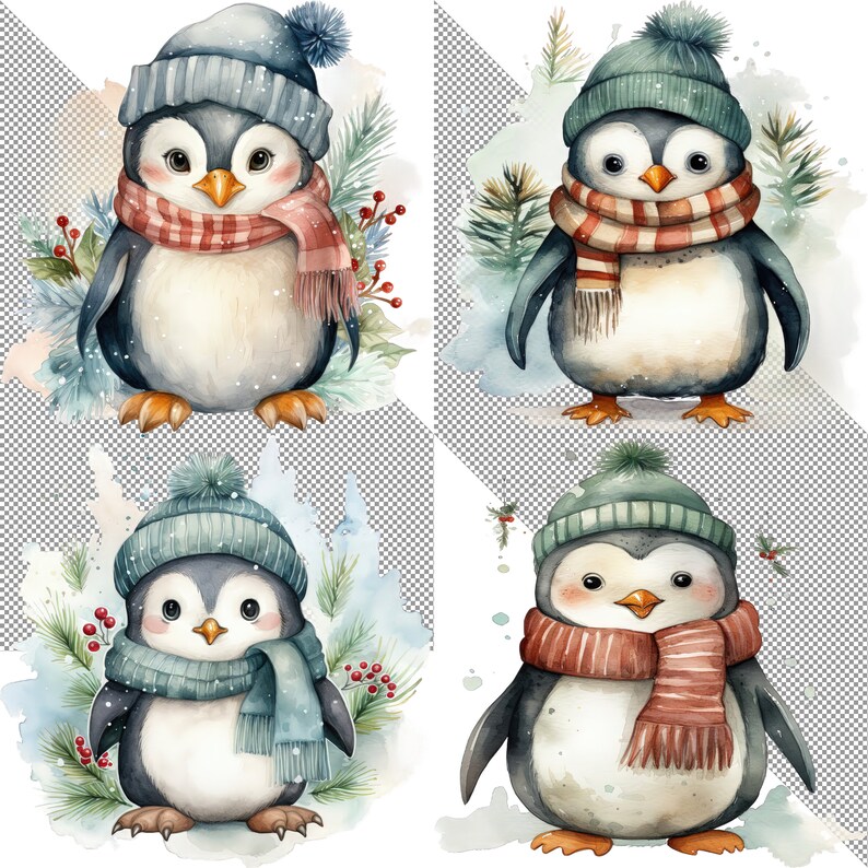 Christmas Penguin Clipart, Winter Wonderland Penguin Graphics, Snowy ...