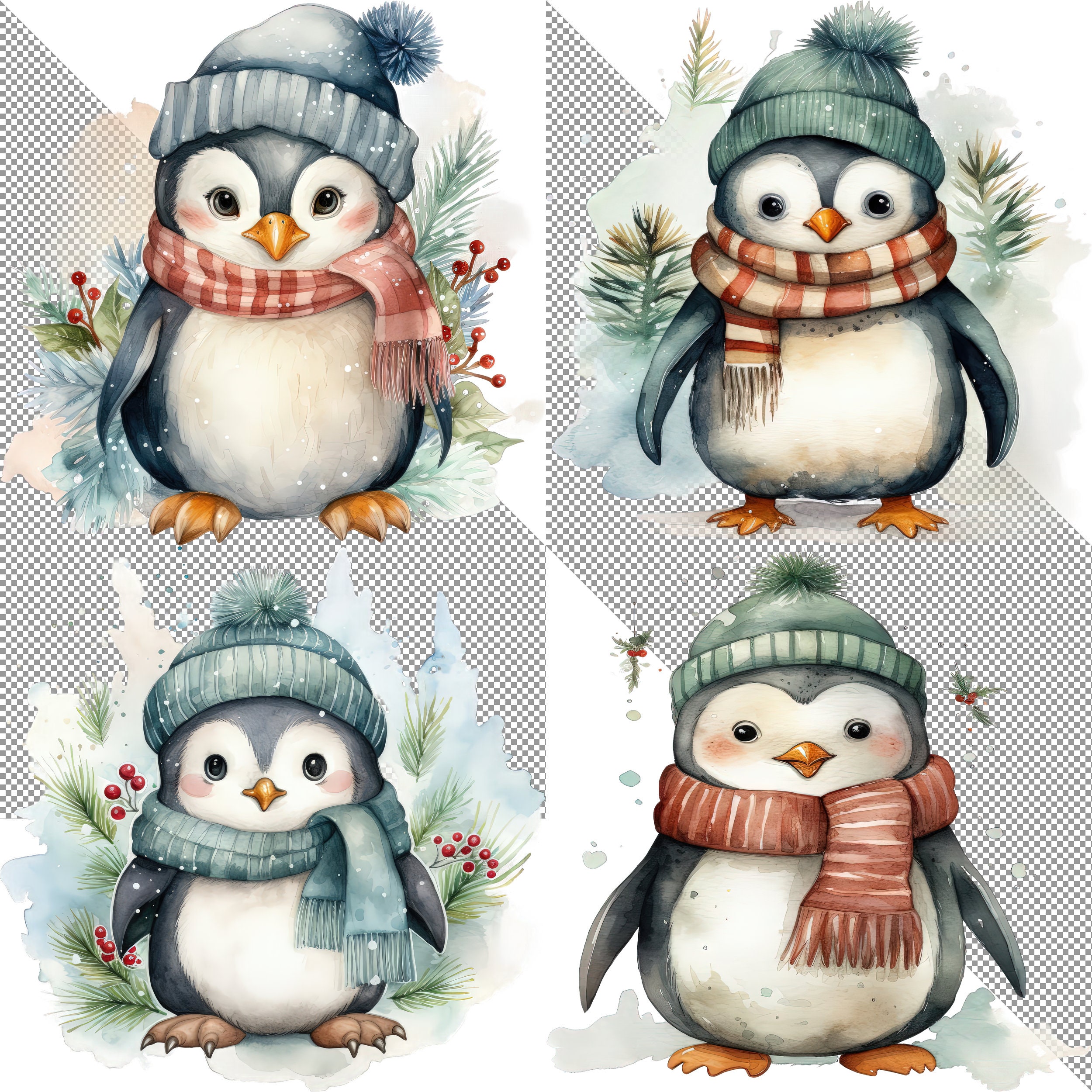 Christmas Penguin Clipart, Winter Wonderland Penguin Graphics, Snowy ...