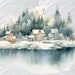Snowman's Wooden House by a Frozen Pond Clipart, Snowy Village Clipart ...