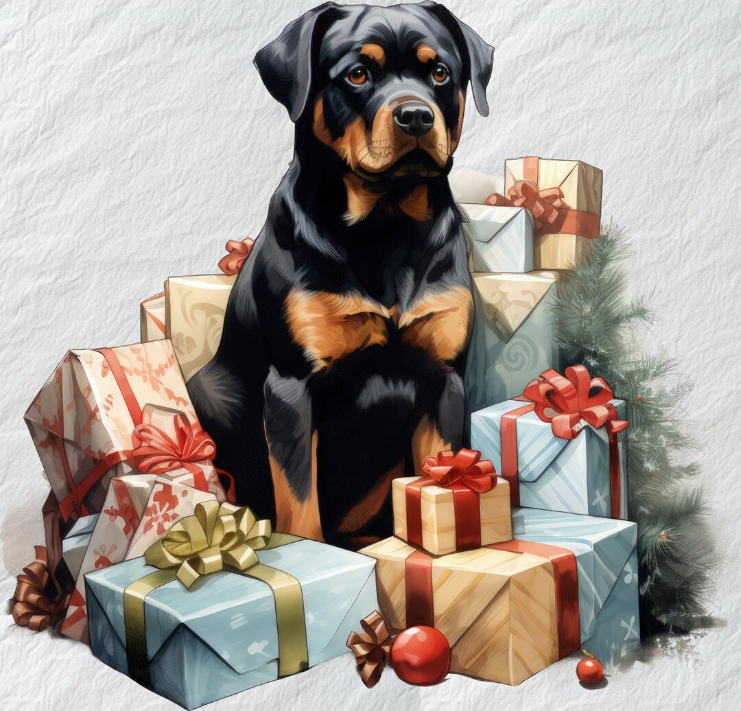 Festive Rottweiler Guarding Presents Clipart, Rottweiler in Christmas ...