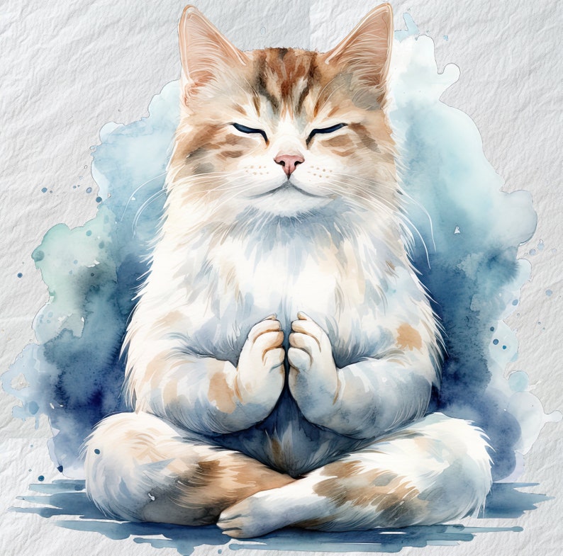 Cat Meditating on White Background Clipart, Tranquil Cat Illustration ...