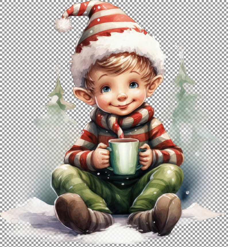 Elf Clipart, Christmas Clipart, Christmas Elf Enjoying Hot Chocolate ...
