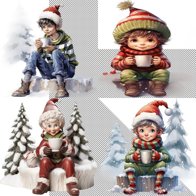 Elf Clipart, Christmas Clipart, Christmas Elf Enjoying Hot Chocolate ...