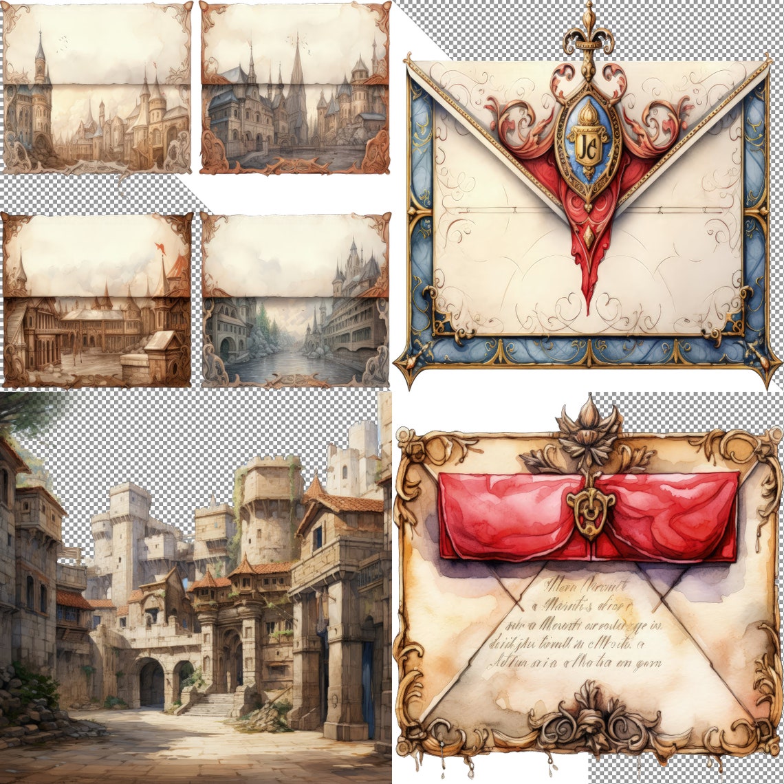 European Medieval Style Envelope Watercolor Clipart, Designs for Cups ...