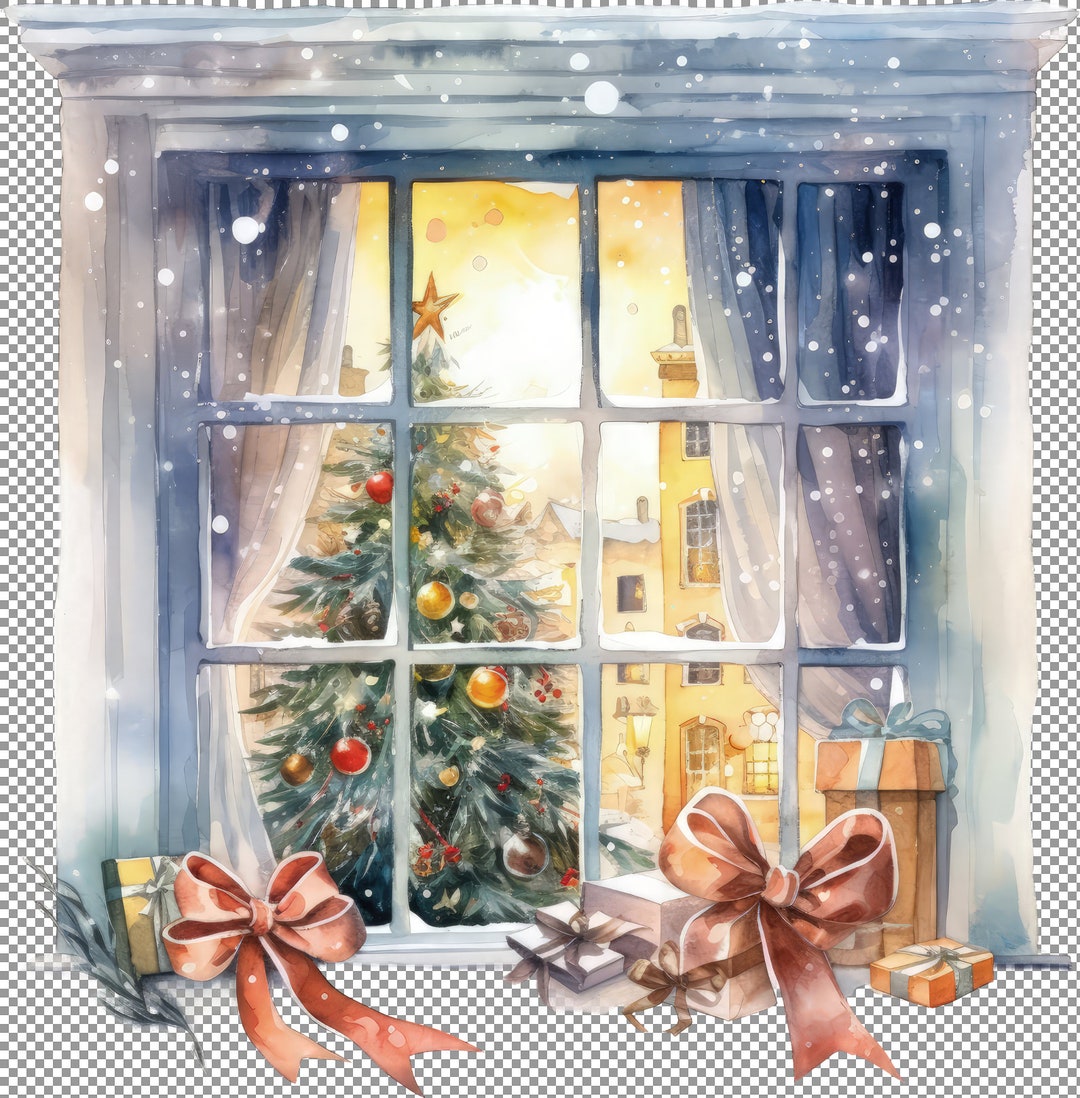 Christmas Tree Clipart, Majestic View Through a Window Watercolor ...